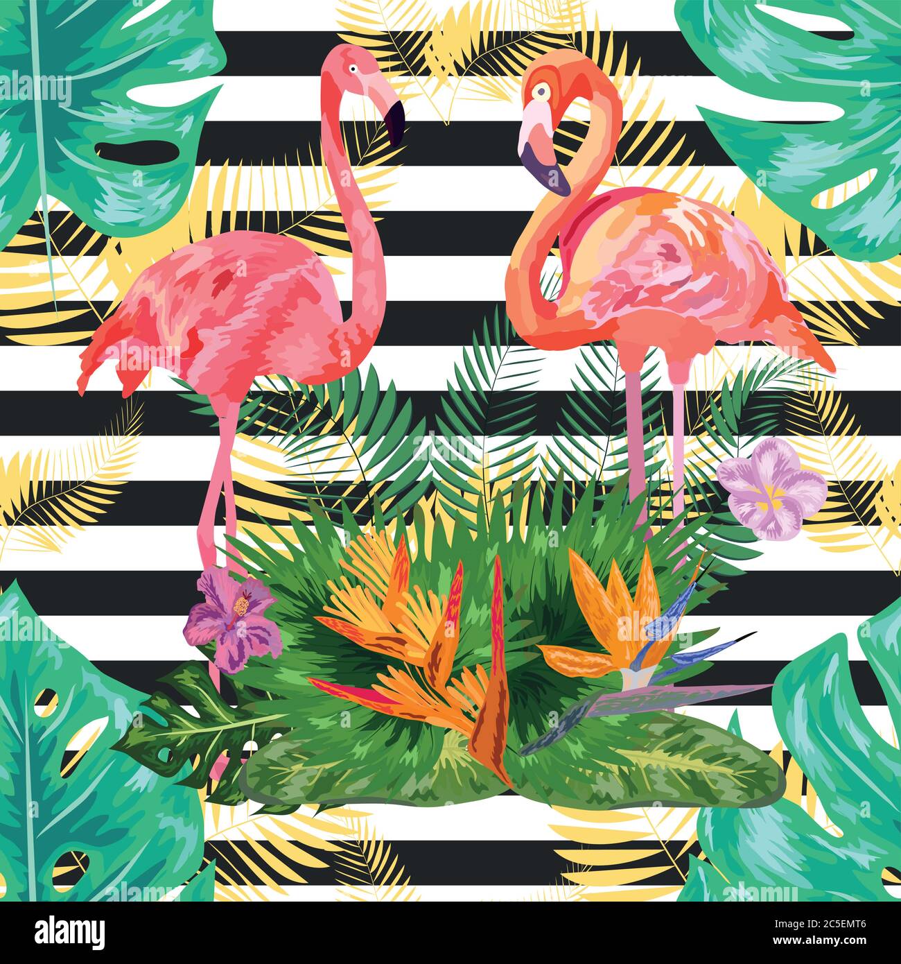 Seamless pattern with dark blue grunge stripes and pink flamingo. Pink ...