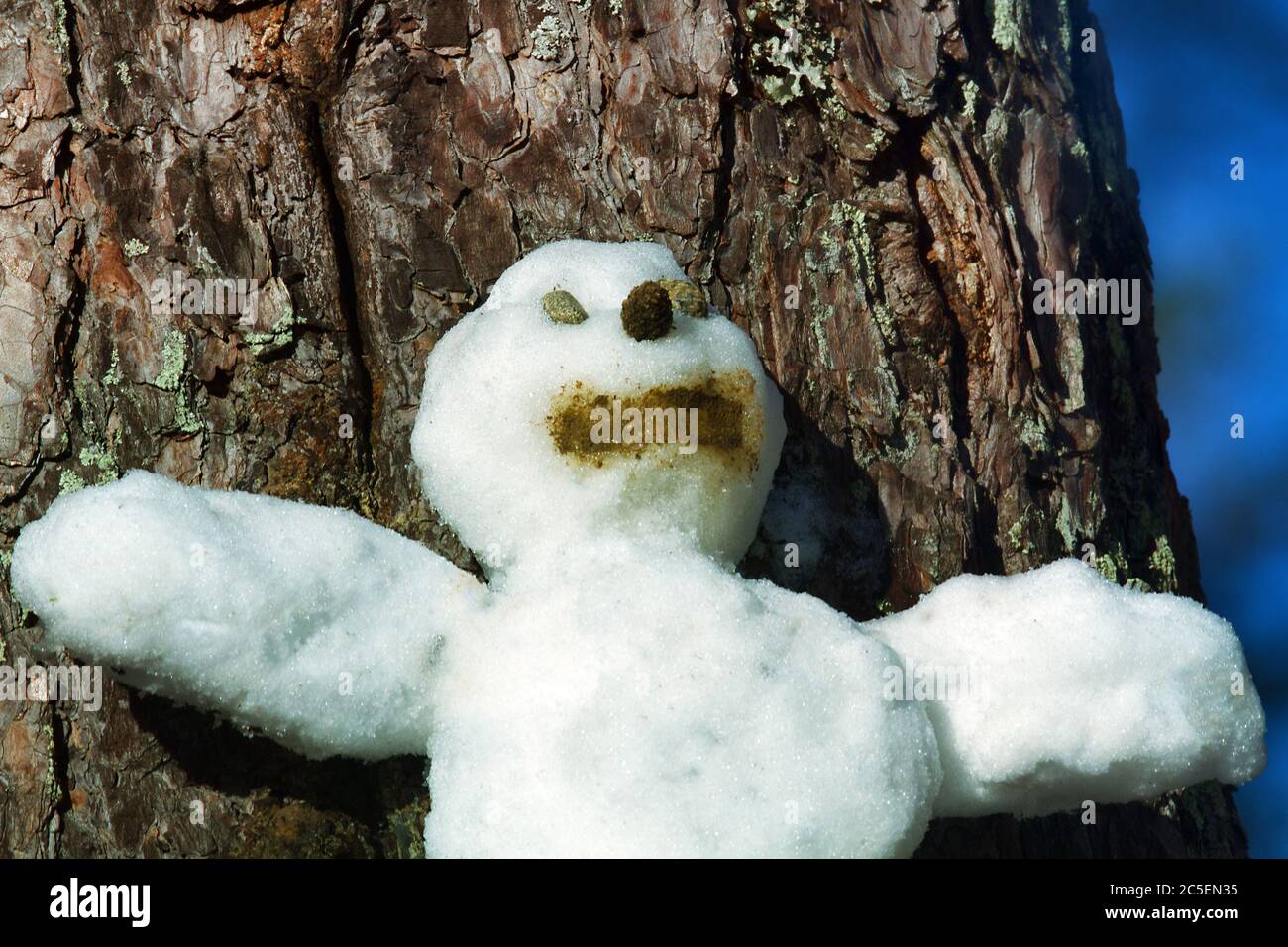 Snowman figurine on a tree trunk. Characters from the winter Christmas ...