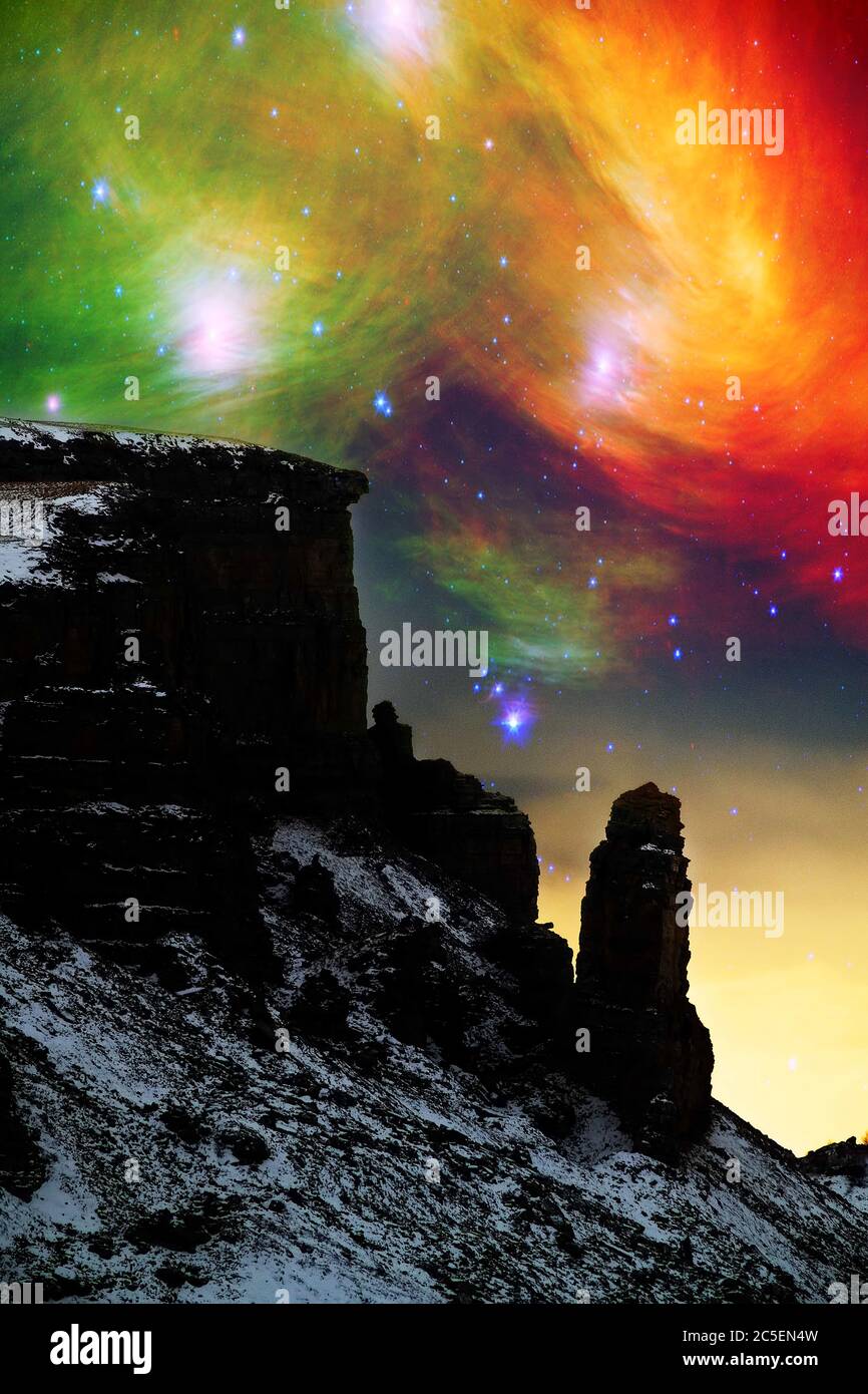 Rocks and night space sky with stars. Mysterious phenomena in mountains ...