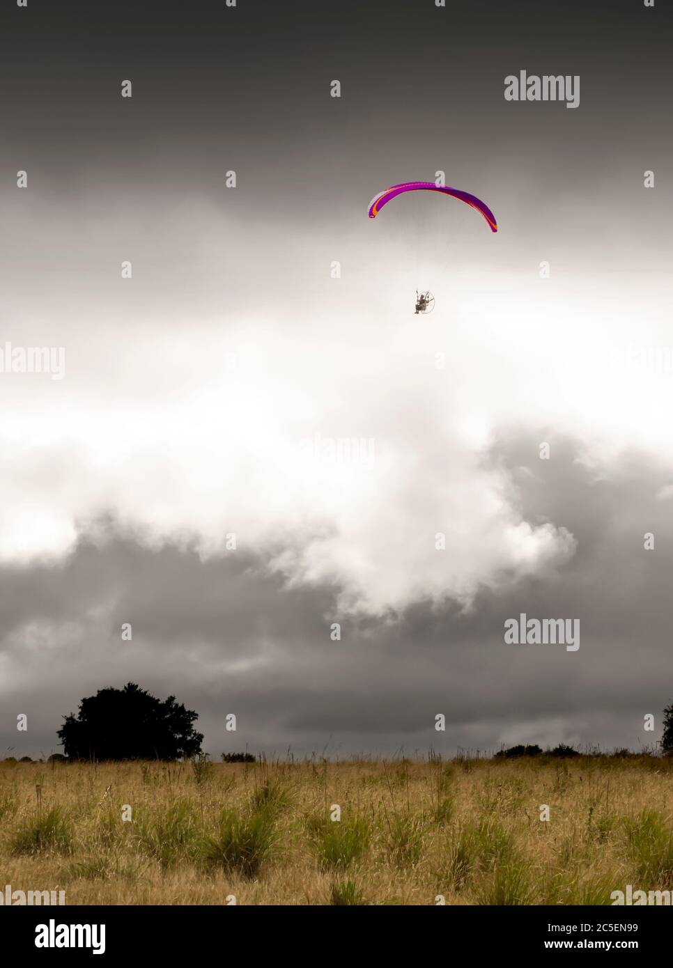 Pink paraglider flying high in a stormy sky Stock Photo - Alamy