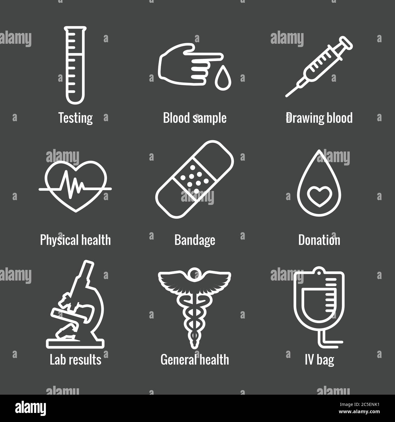 Blood testing & work icon set with syringe, donation, and blood sample ...