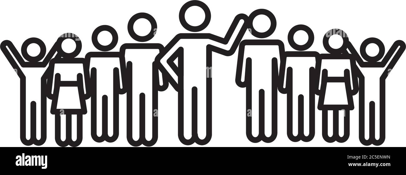 pictogram people standing waving over white background, line style ...
