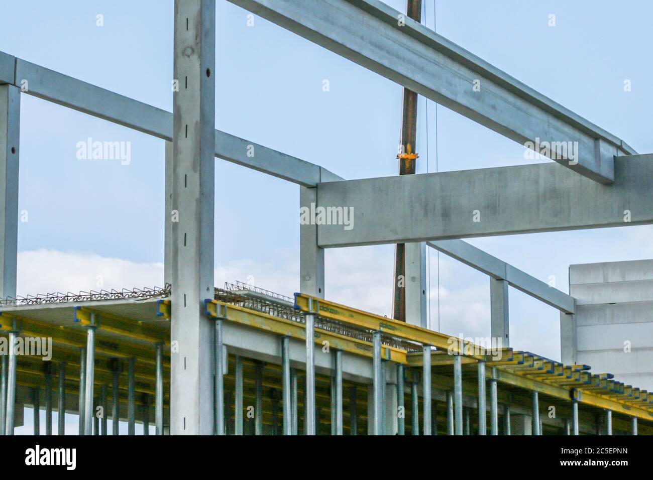 Construction site with precast concrete columns, beams and walls Stock ...