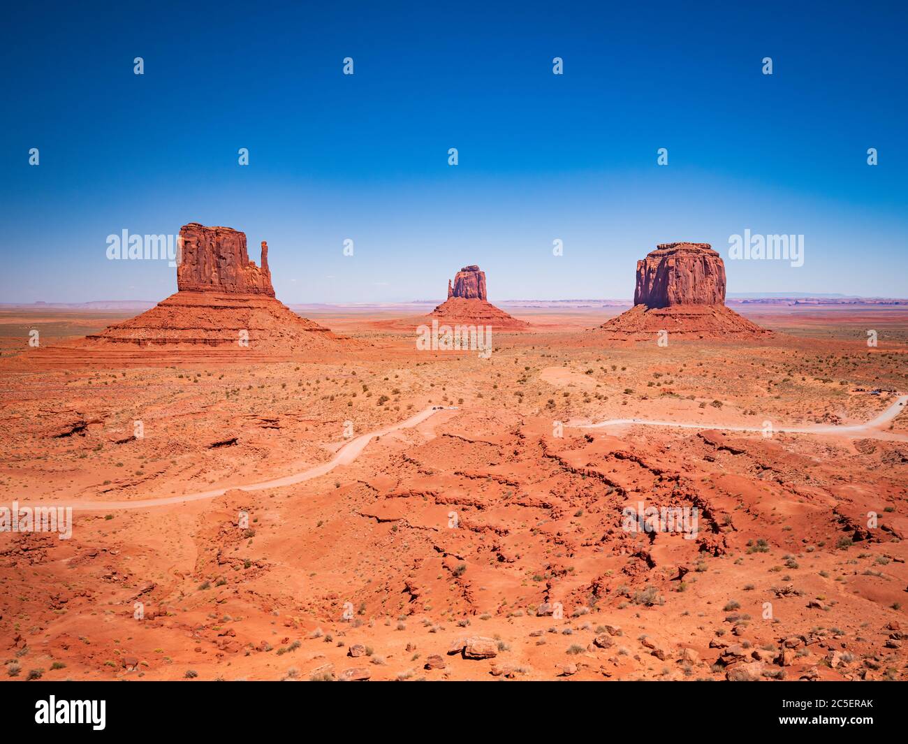 Monument Valley from visitor center, panning of sandstone buttes ...