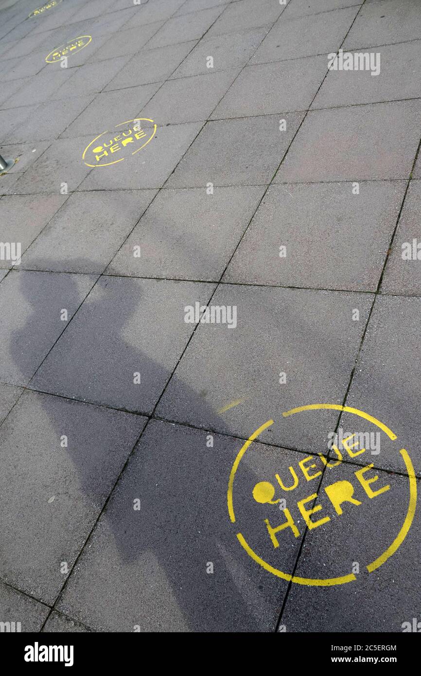 Bluewater, Kent, UK - 2 July 2020. Social distancing signs at Bluewater ...