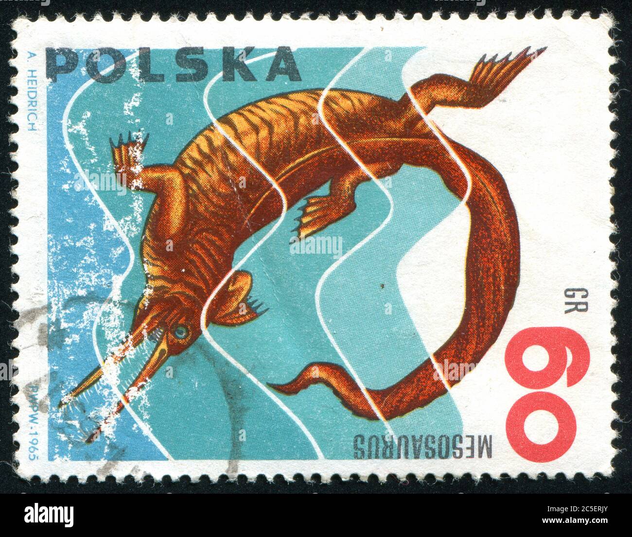 POLAND - CIRCA 1965: stamp printed by Poland, shows dinosaur Mesosaurus ...