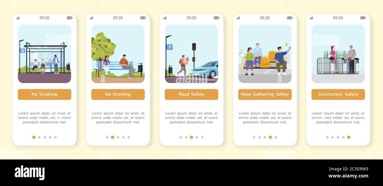 Public space safety rules onboarding mobile app screen vector template ...