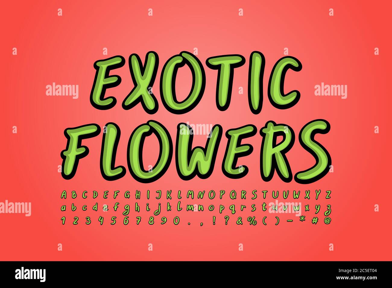 Exotic flowers alphabet paintbrush font bright green colors on orange ...