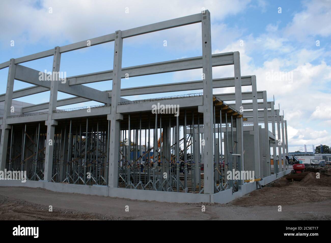 Construction site with precast concrete columns, beams and walls Stock ...