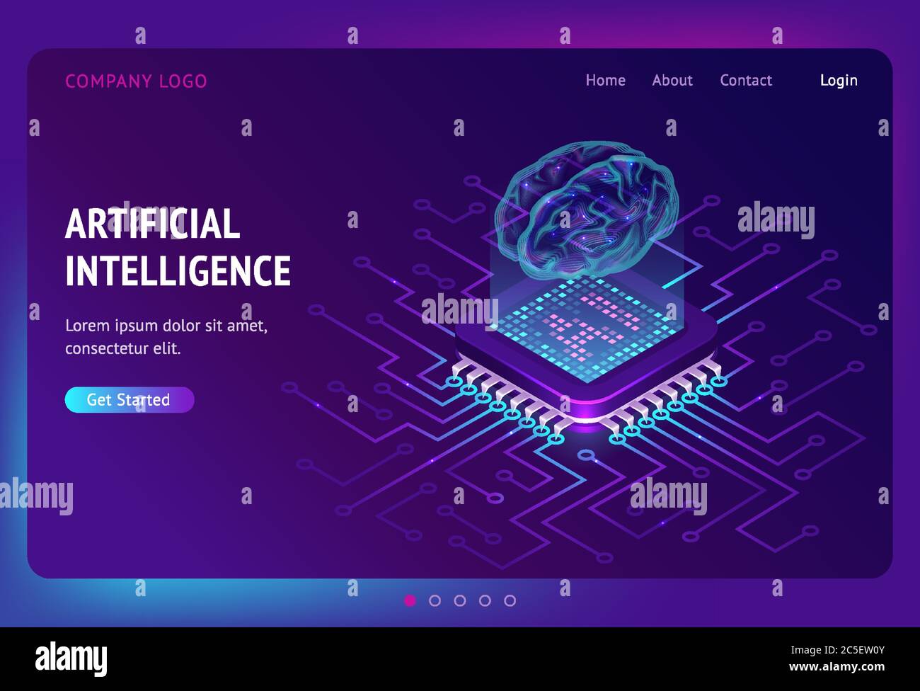 Artificial intelligence isometric landing page, ai technologies, glowing human brain levitate on ...