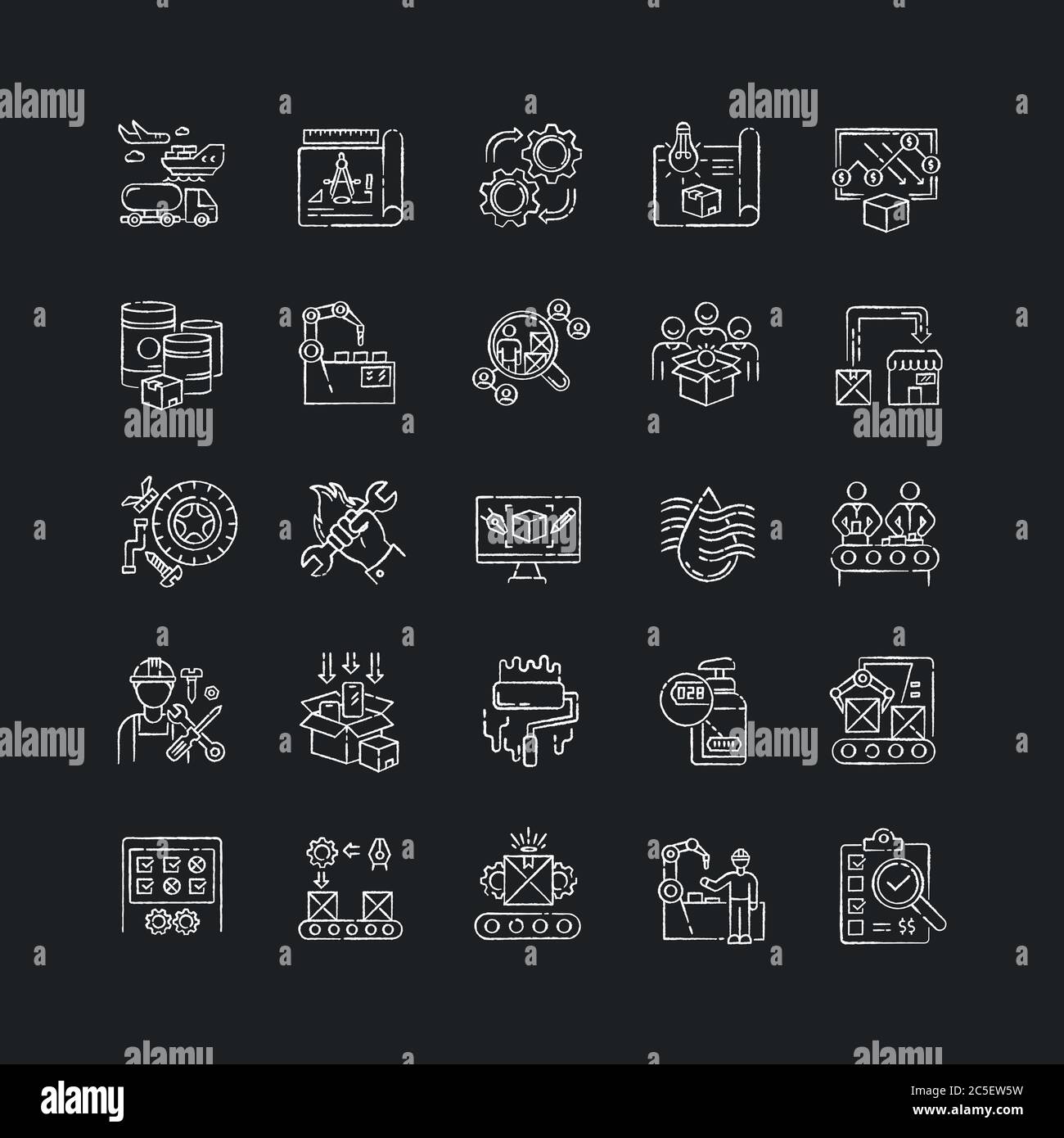 Production process chalk white icons set on black background Stock ...