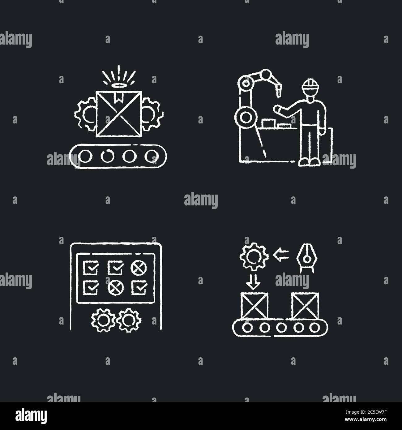 Continuous production flow chalk white icons set on black background ...