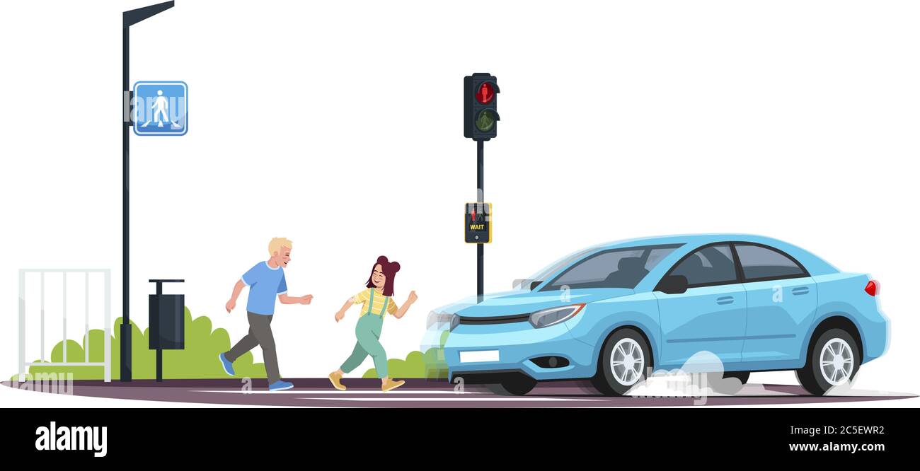 Children crossing at red light semi flat RGB color vector illustration ...