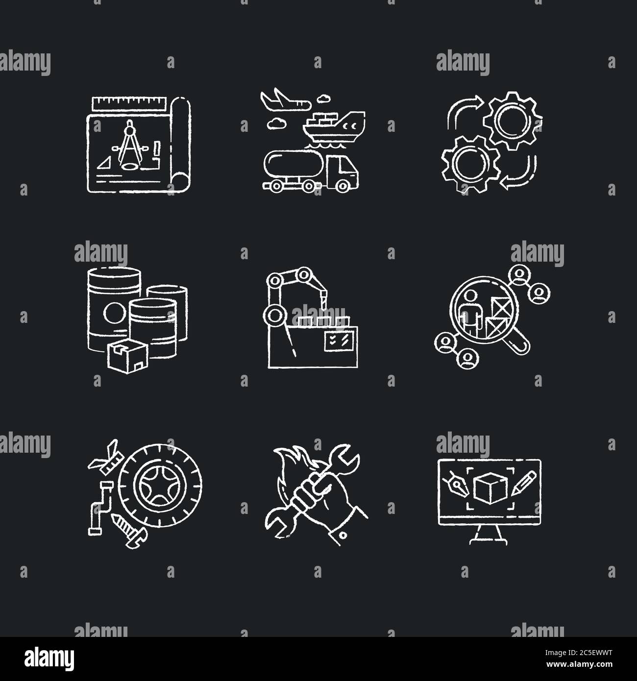 Product development process chalk white icons set on black background ...