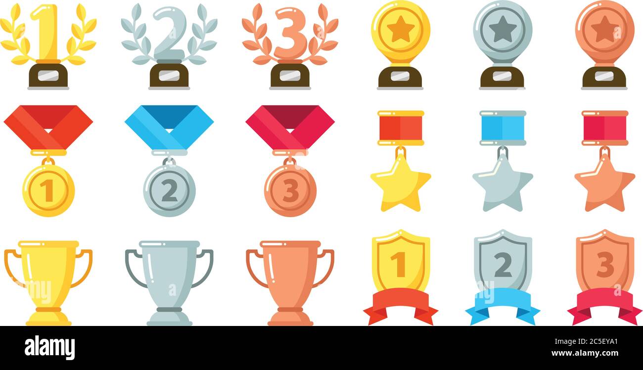 Gold, silver, bronze achievement or awards. Medals, trophies and ...