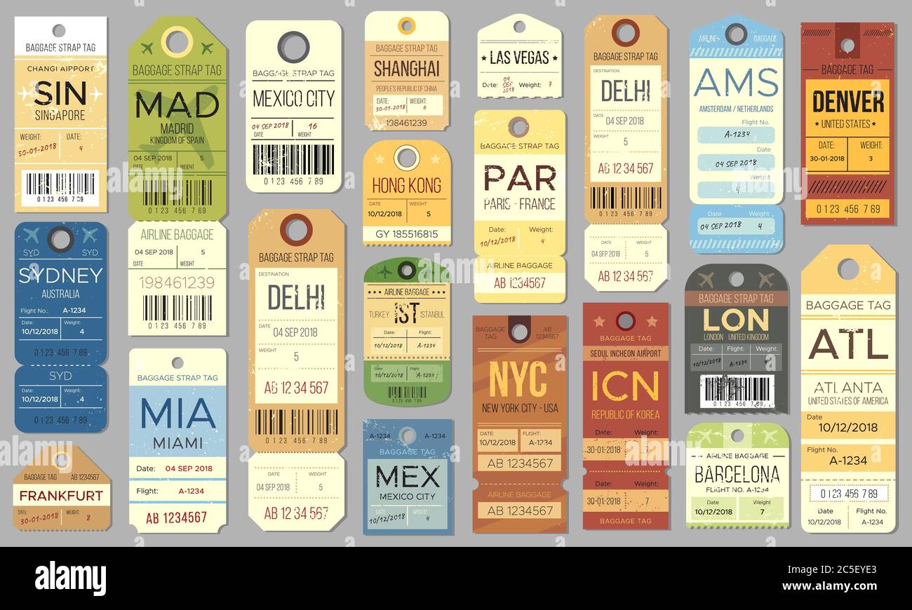 Luggage tags and tickets for passenger with country destination, weight ...