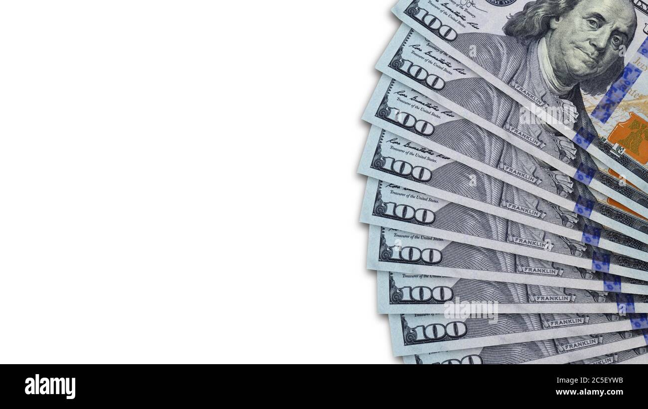 Money fan. Hundred dollar bills and free space on the left Stock Photo ...