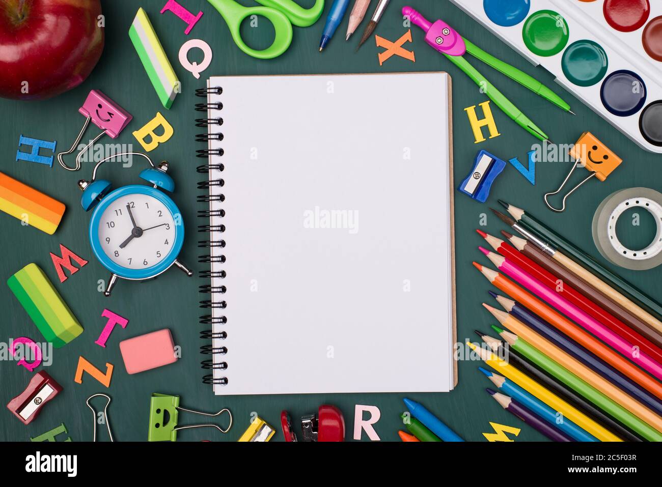 Top above overhead view photo of blank notebook with colorful ...