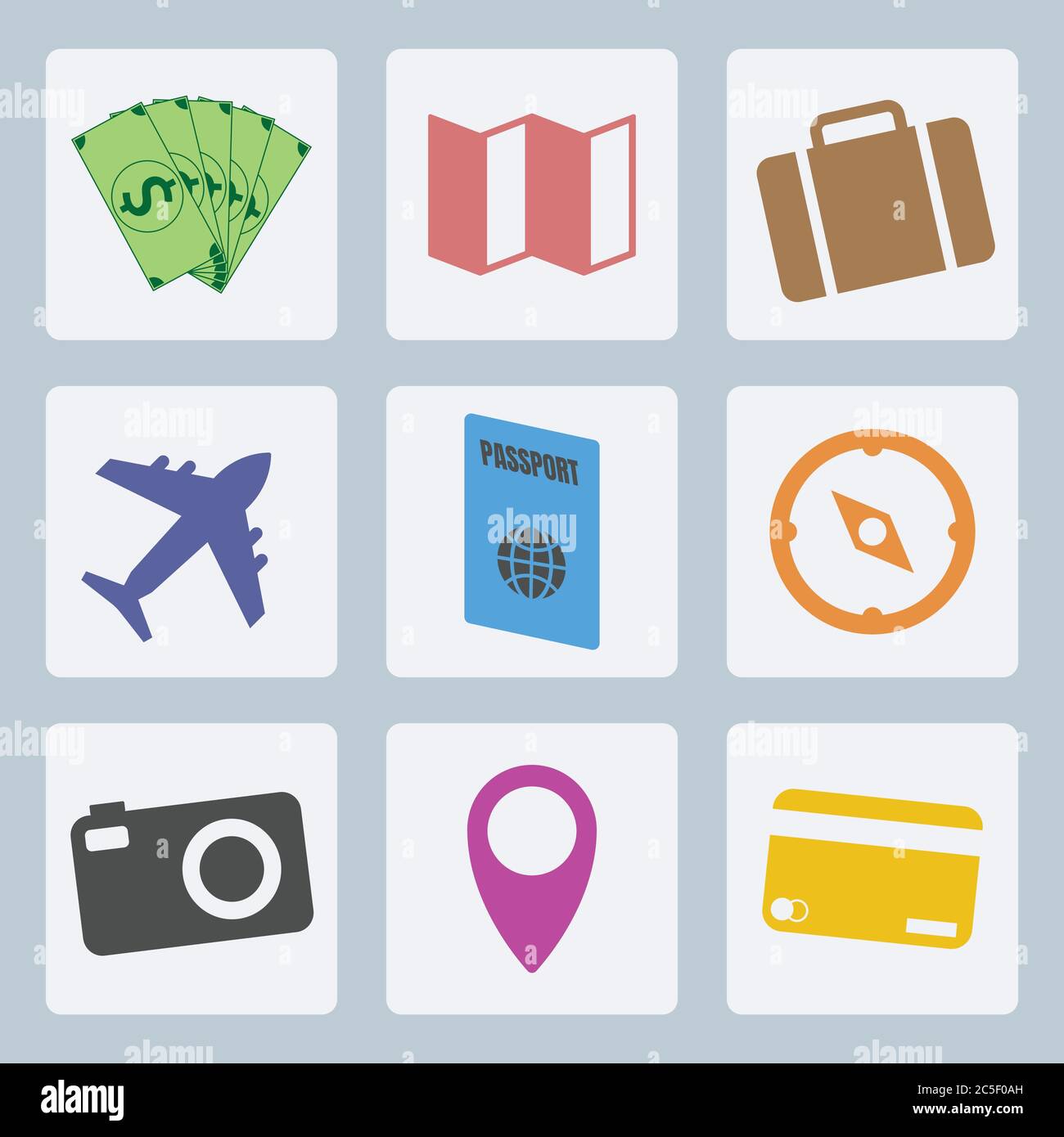 Travel Symbols Icon Set Cash Map Suitcase Plane Passport Compass Camera ...