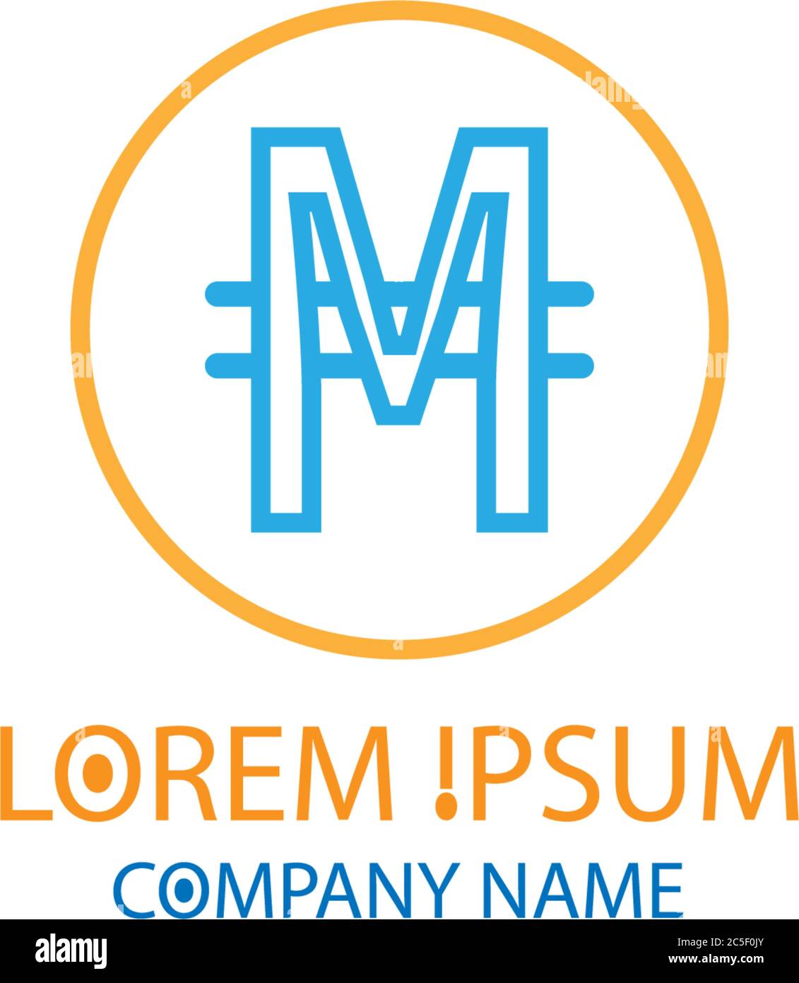Currency symbol letter M logo design concept in orange and blue colors ...