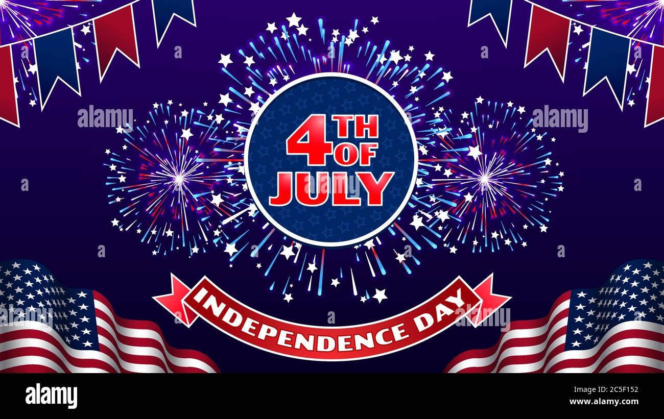 American flags with 4th of July independence day greeting. Firework ...