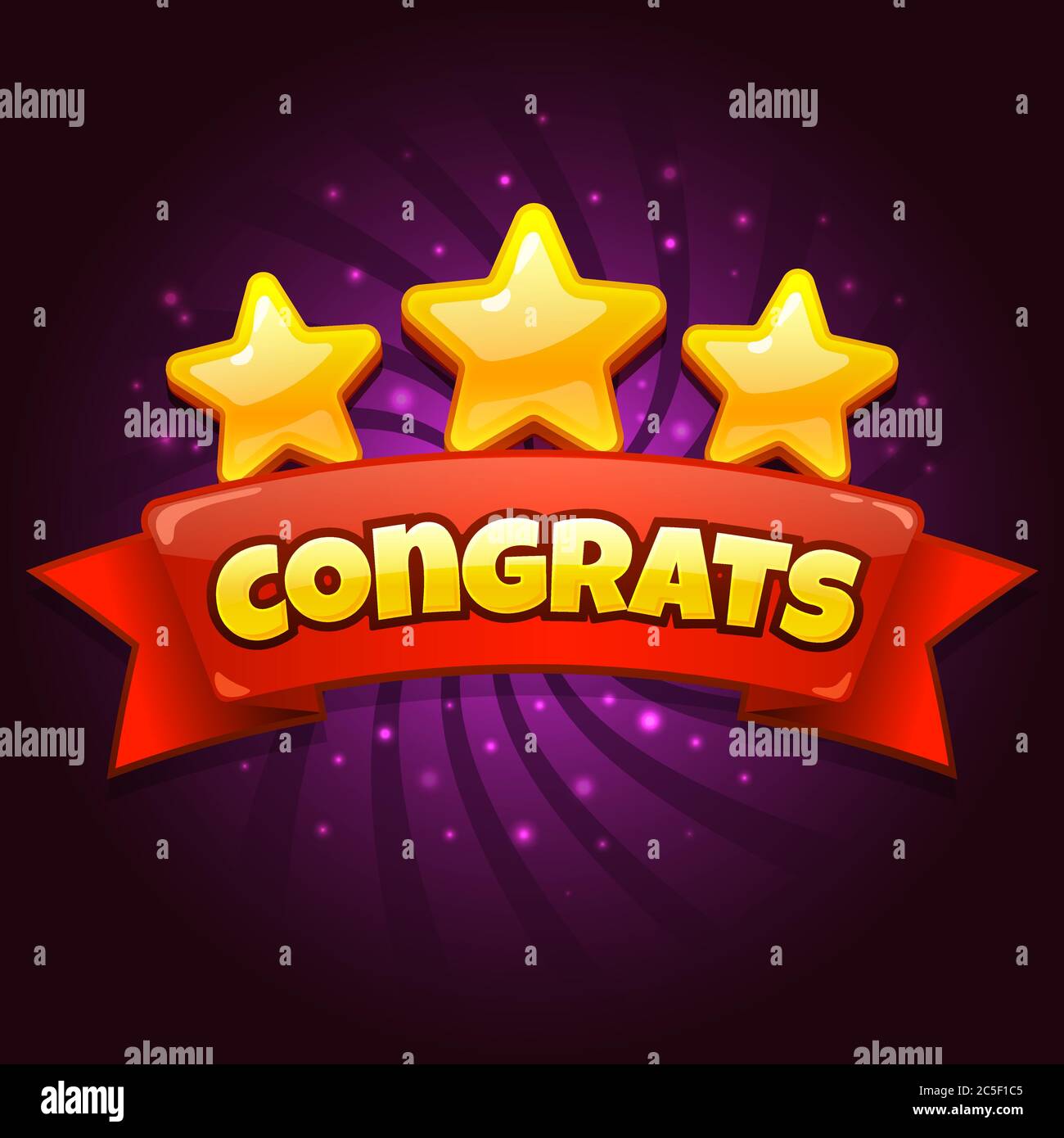 Congratulations game screen. Golden Congrats sign with three gold stars ...