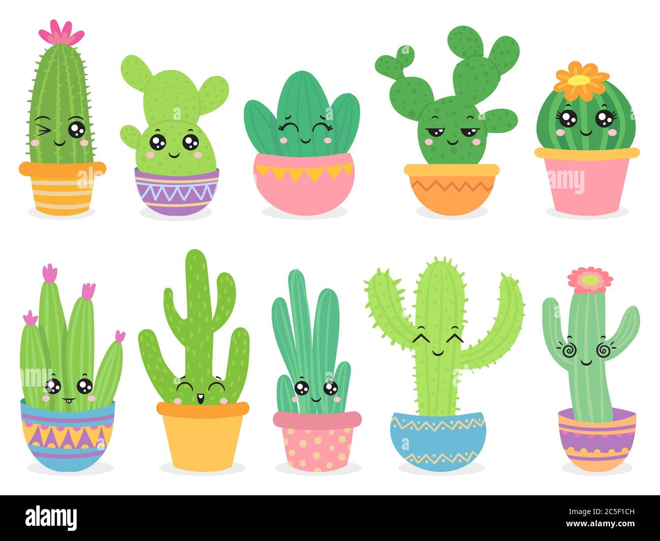 Cartoon cactus. Cute succulent or cacti plant with happy funny face, tropical smiling flower ...