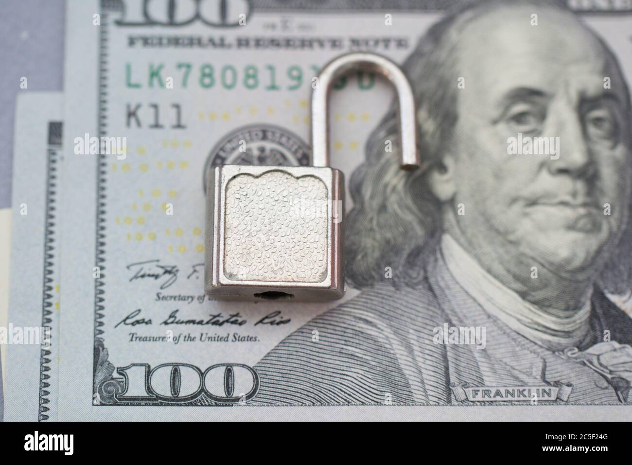 Opened security lock, open padlock on dollar bill background . Money ...