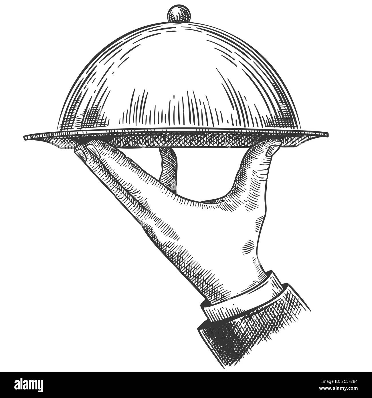 Hand holding tray with lid. Engraved retro restaurant service, brunch ...