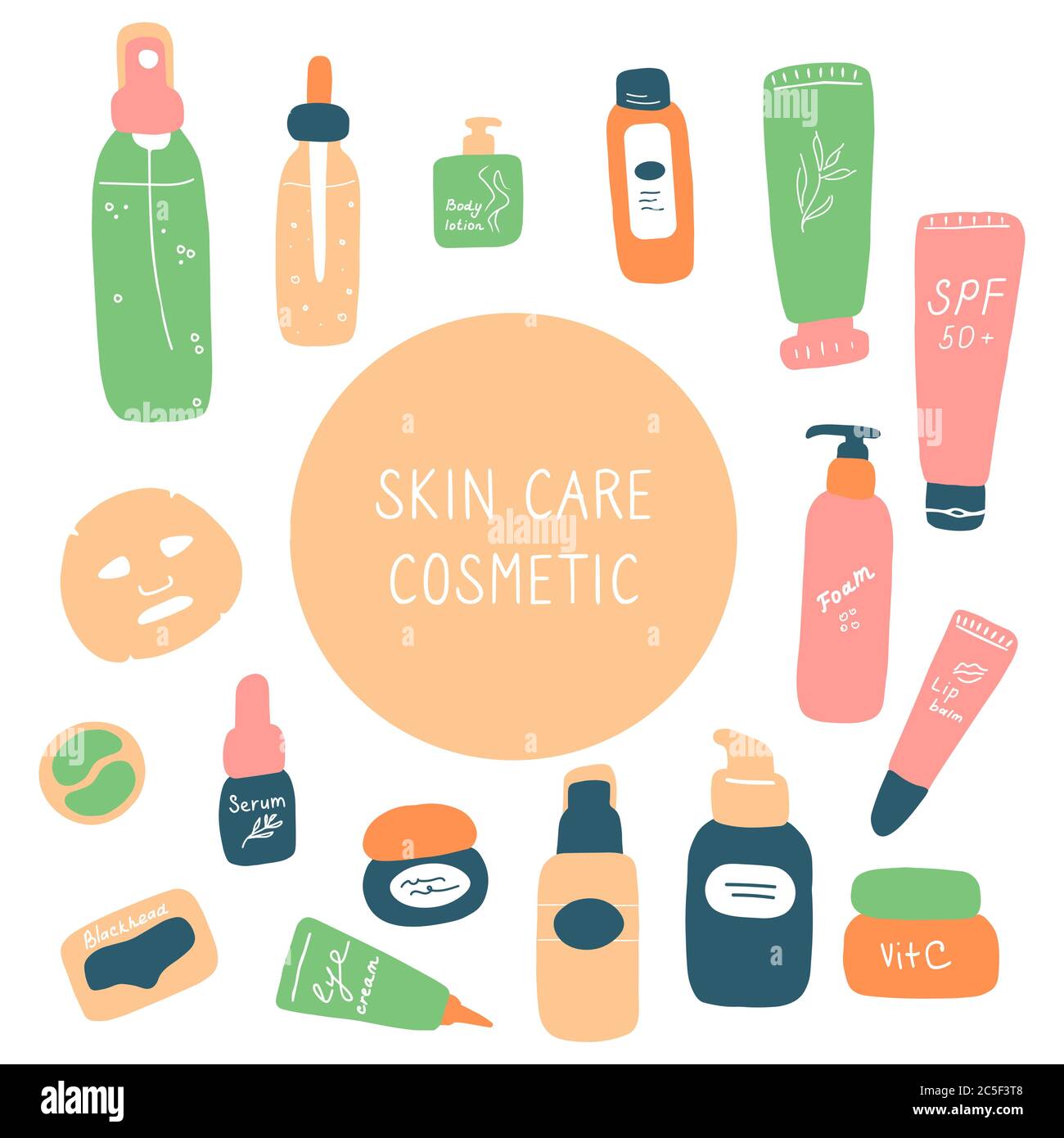 Skin care cosmetics set. Beauty products for daily routine. Cute hand ...