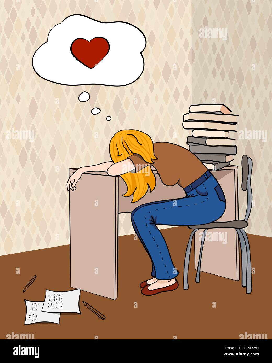 Tired female student sleeping on her desk and dreaming of love. Vector ...
