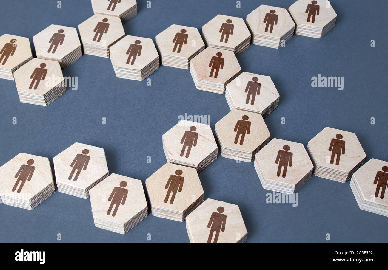 System of connected people in intersecting chains of hexagons. Contact ...