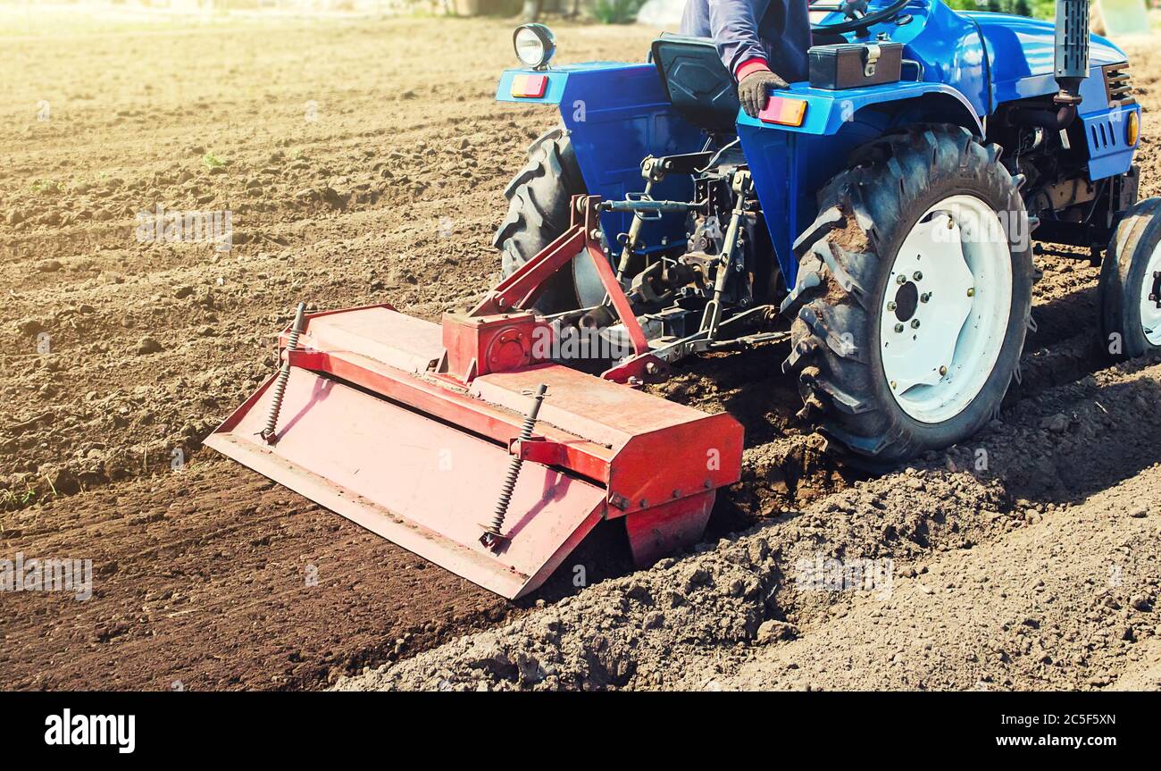 Farmer on a tractor cultivates land after harvesting. Development of ...