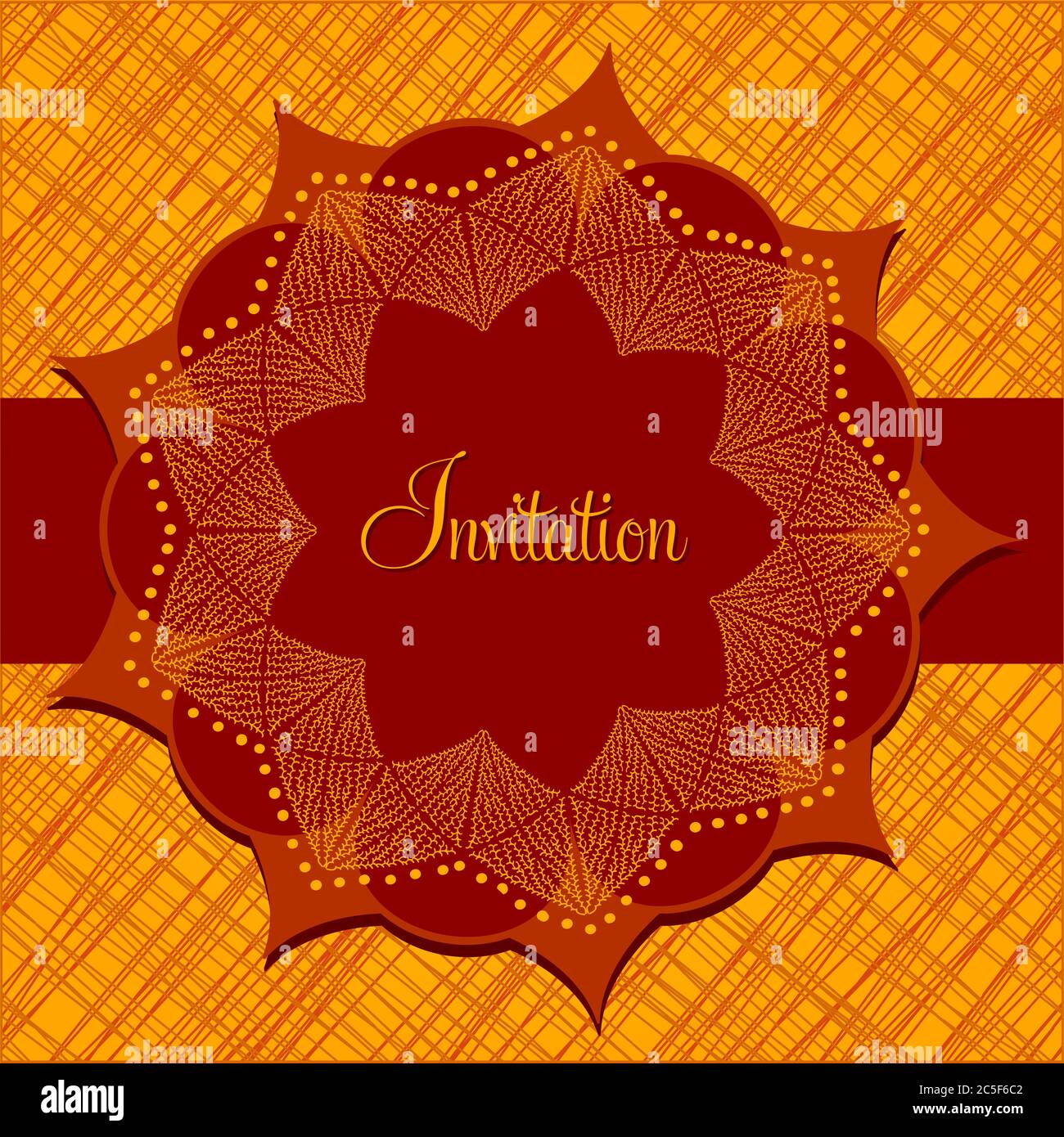 Invitation card with abstract flower with nine petals, in bright orange ...