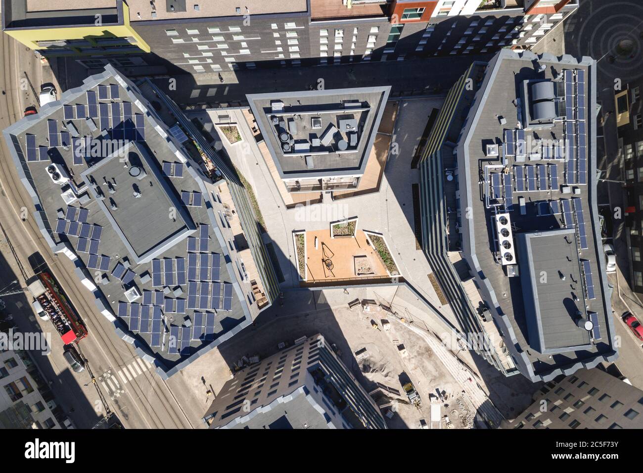 Aerial view of solar panels on the roof of the modern apartment ...