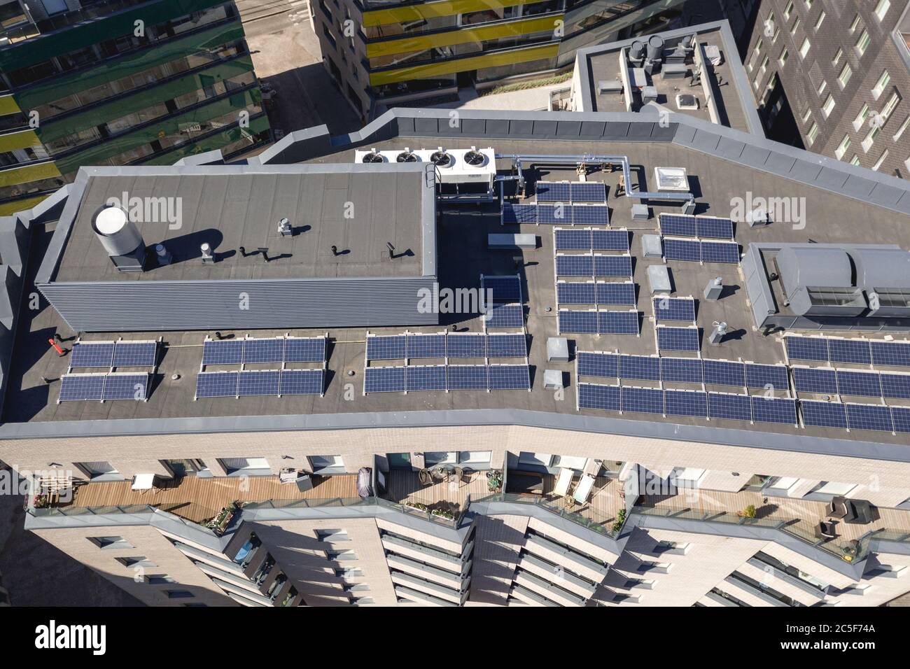 Aerial view of solar panels on the roof of the modern apartment ...