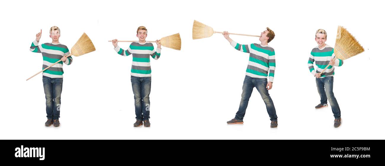 The funny man with mop isolated on white Stock Photo - Alamy