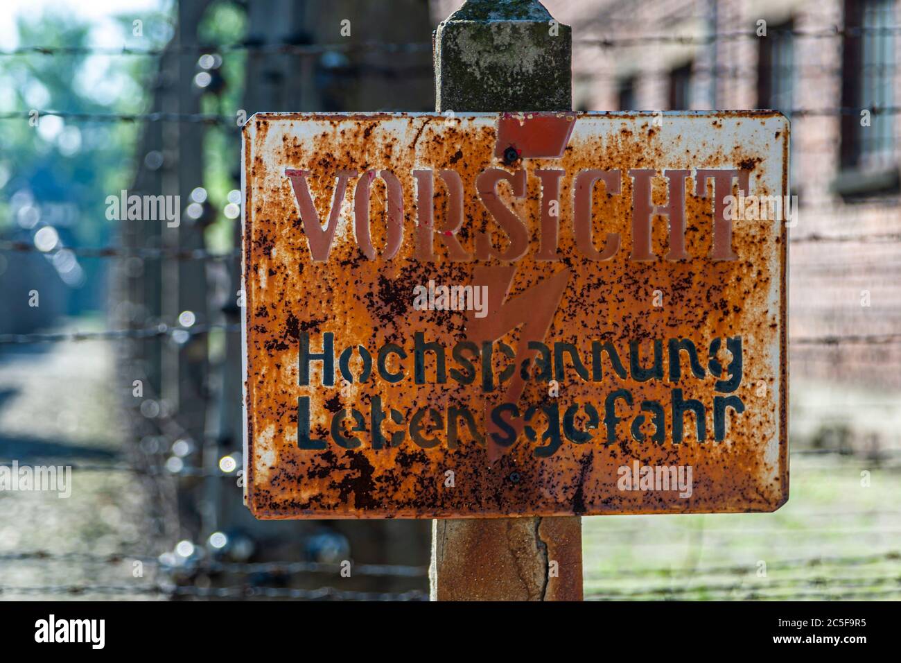 Concentration Camp Auschwitz. Monument against genocide. Sign with the ...