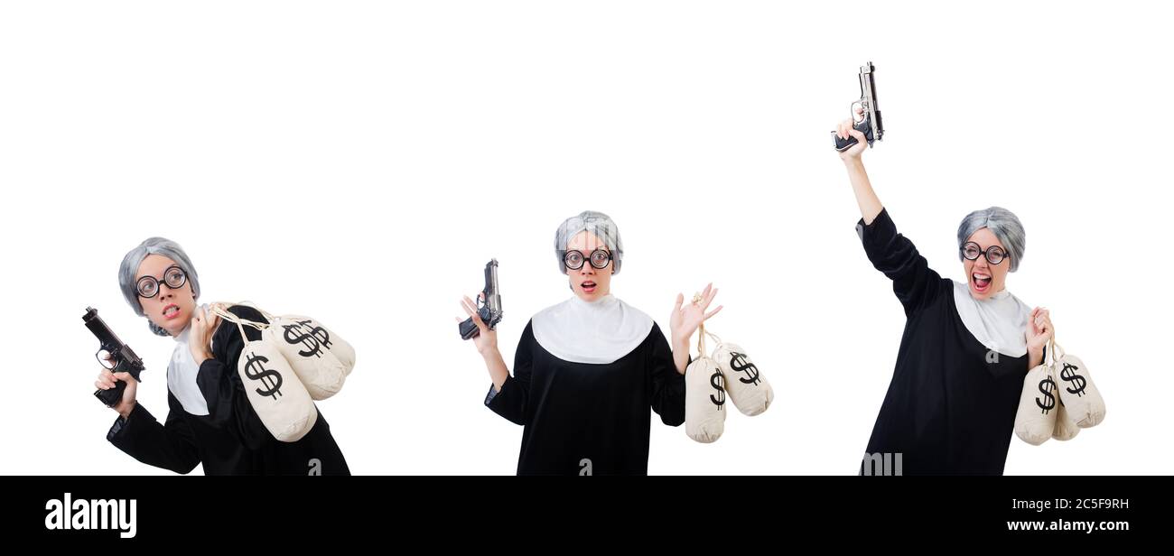 The comic nun isolated on white Stock Photo - Alamy