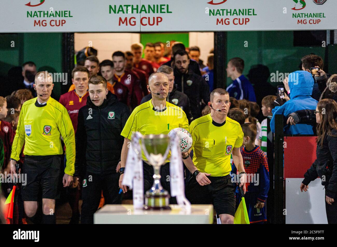 ABERYSTWYTH, UK. 20 Jan 2018. The match officials lead out the Cardiff ...