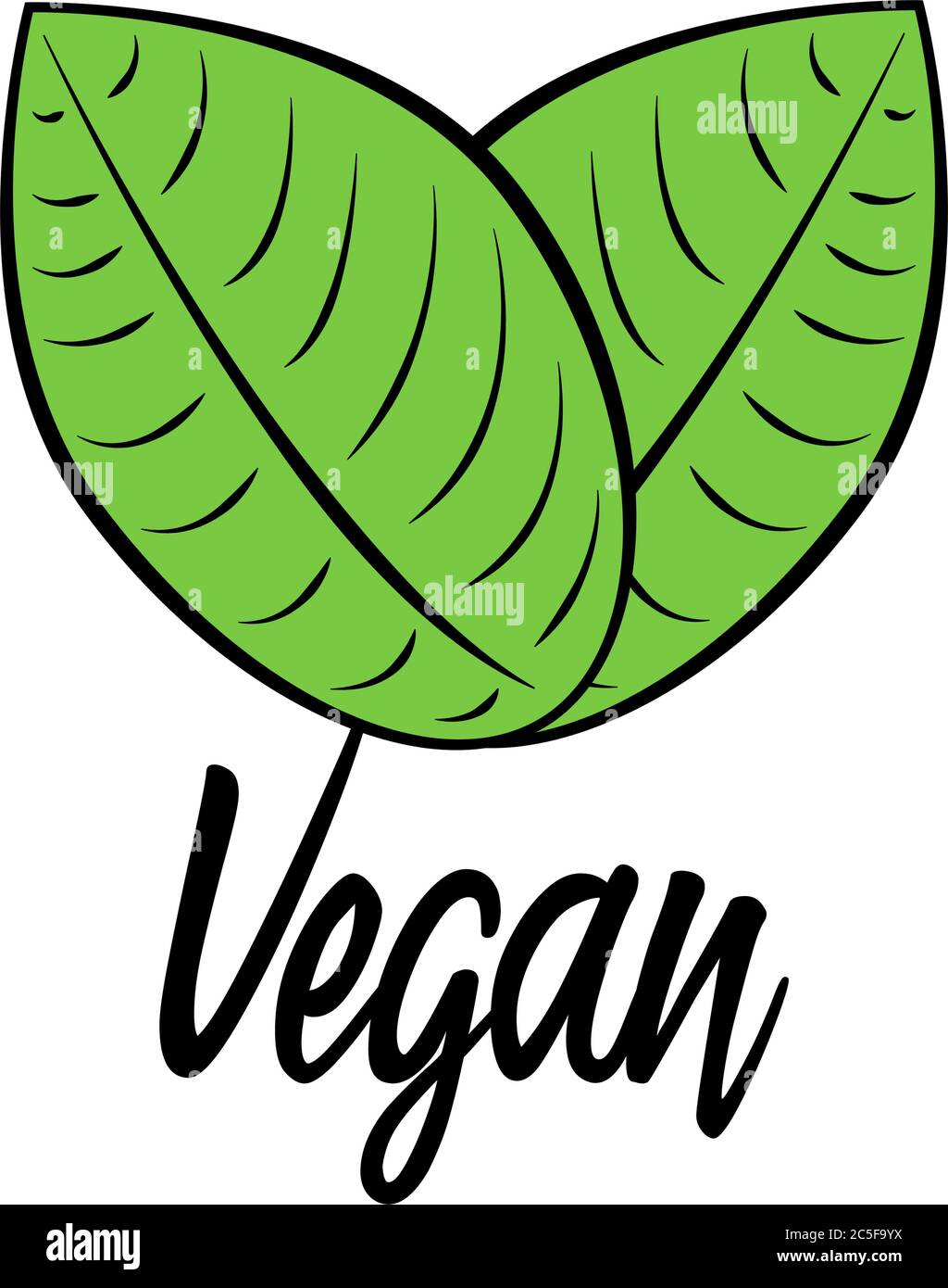 Vegan text with two green leaves product logo. Ecology friendly fresh ...