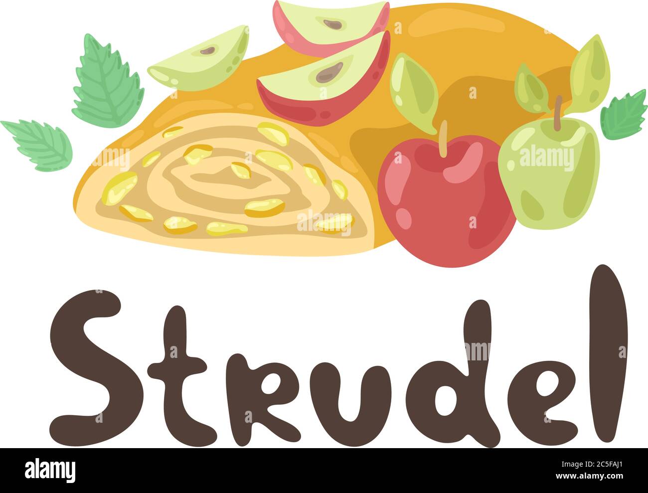 Apple strudel. European national dish collection. Cute cartoon strudel ...
