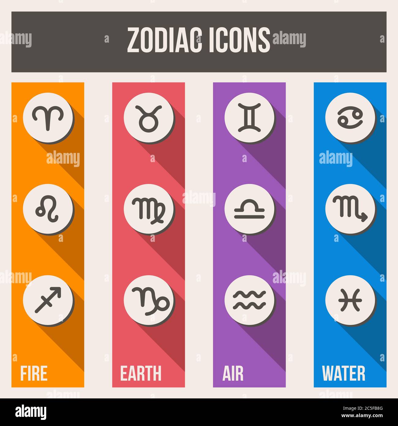 Zodiac signs with shadows in flat style. Set of colorful square icons ...