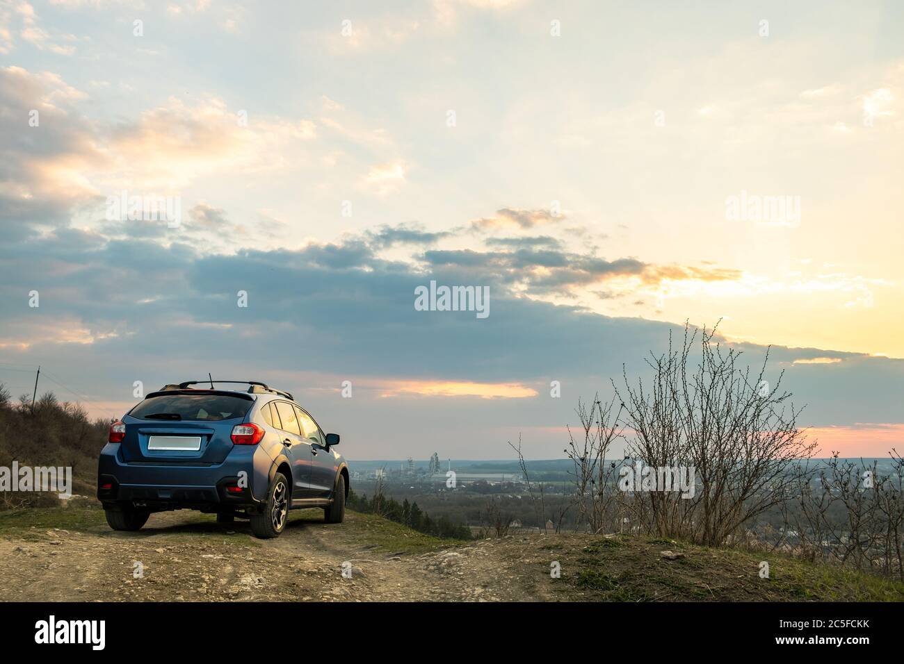 Landscape with blue off road car at sunset, Traveling by auto ...