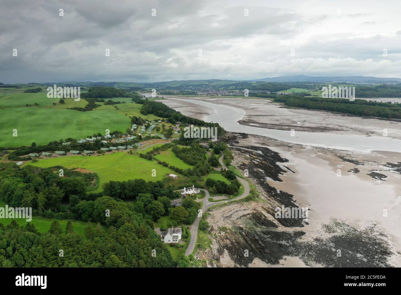 Aerial drone view of River Dee estuary looking towards Kirkcudbright ...