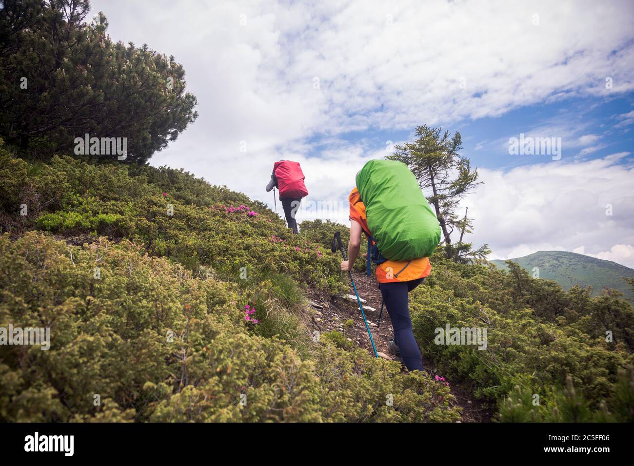 Tourists follow the trail along the mountain range. Hiking travel ...