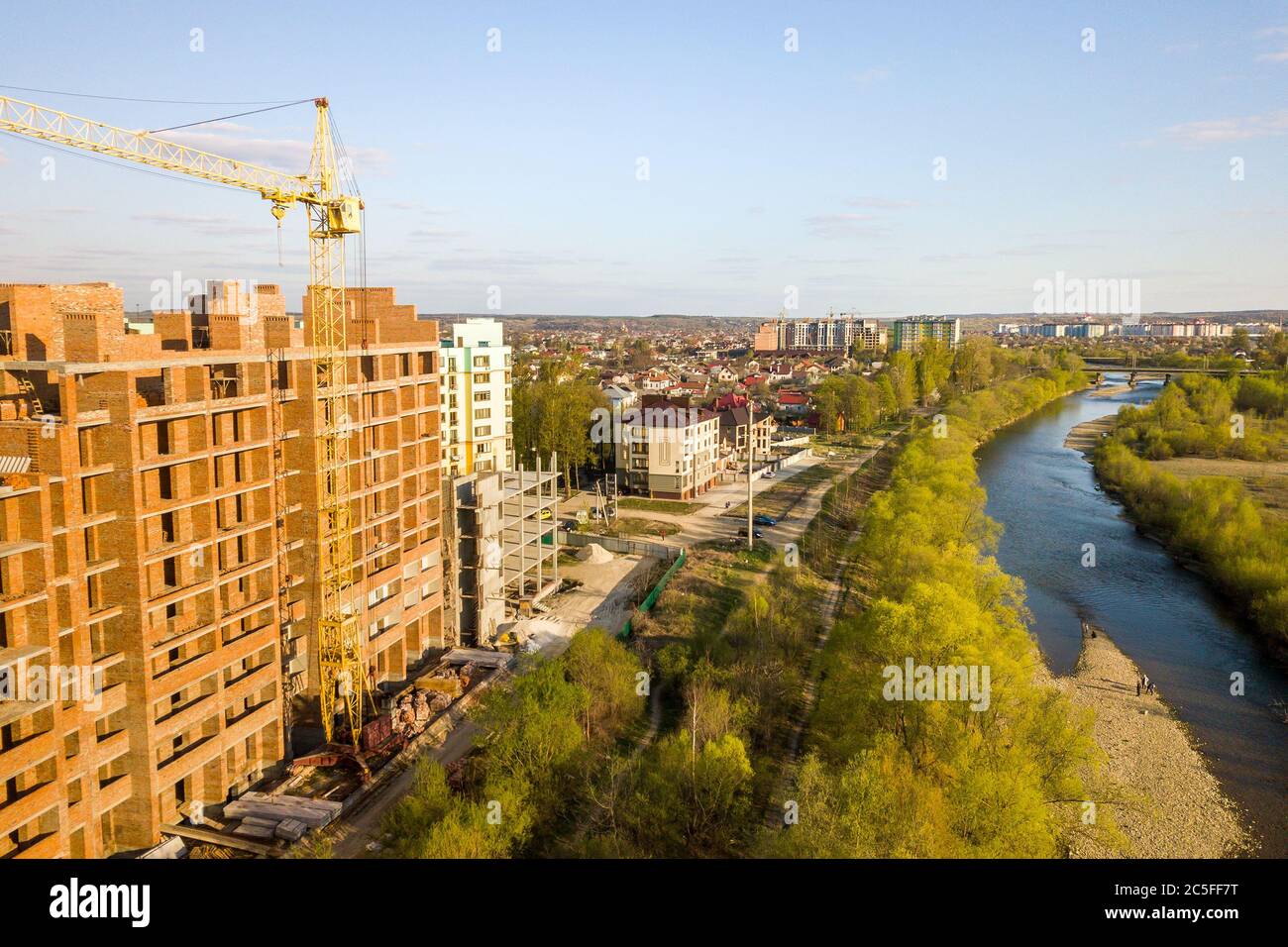 Aerial view of tall residential apartment buildings under construction ...