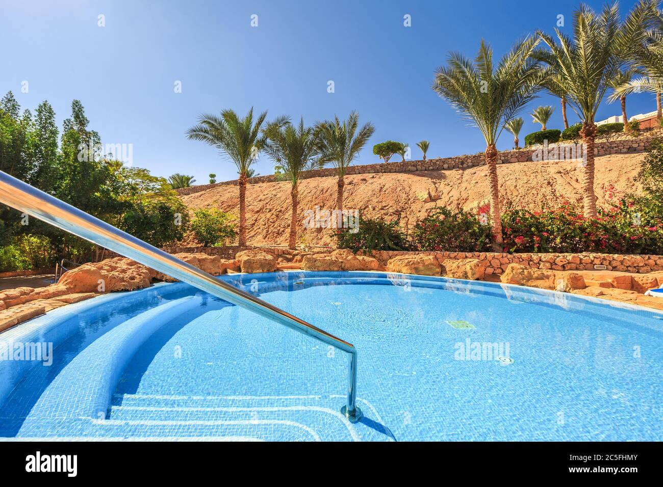 Beautiful swimming pool and palm trees in Egypt Stock Photo - Alamy