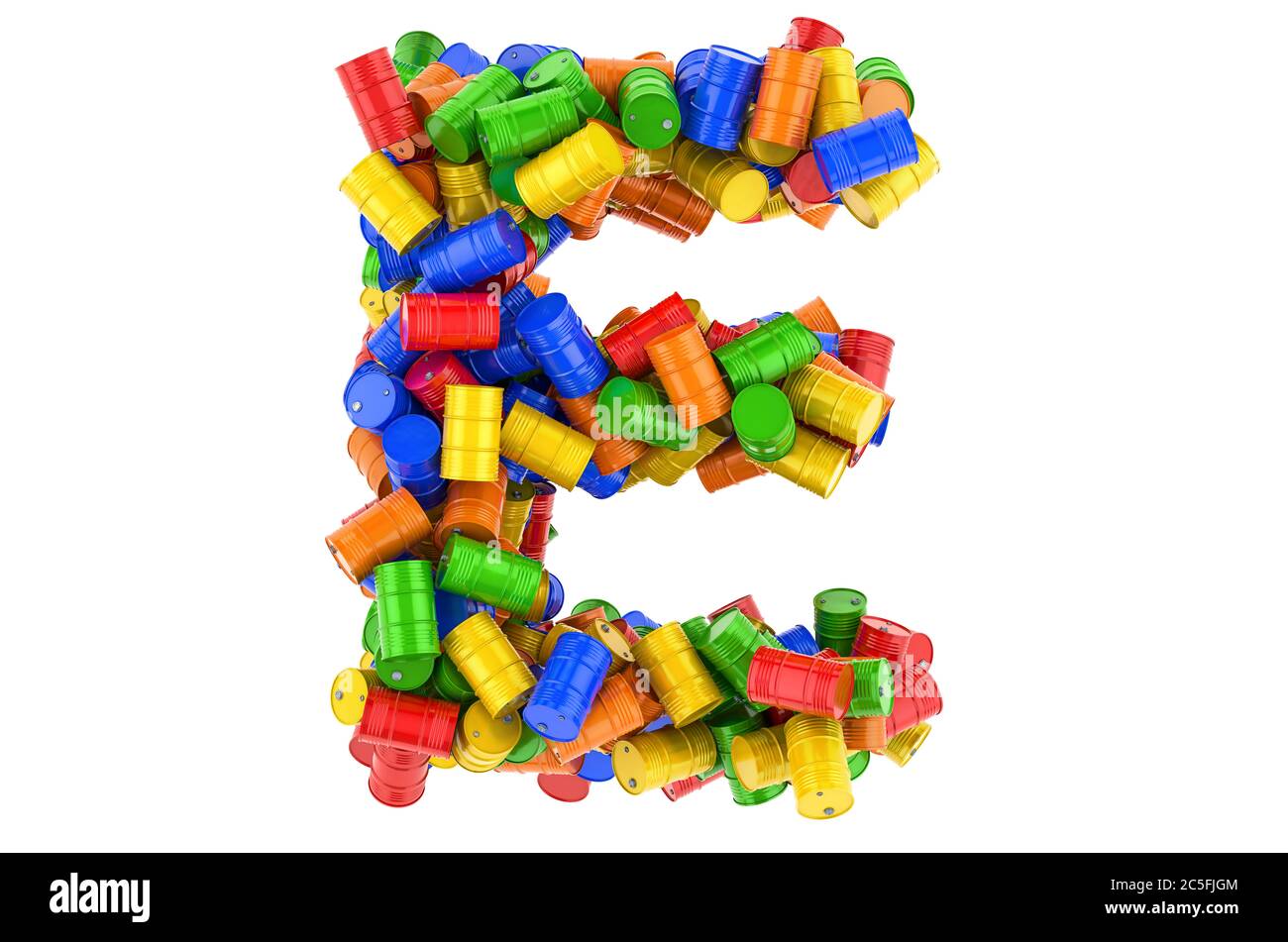 Letter E from colored steel barrels, 3D rendering isolated on white ...
