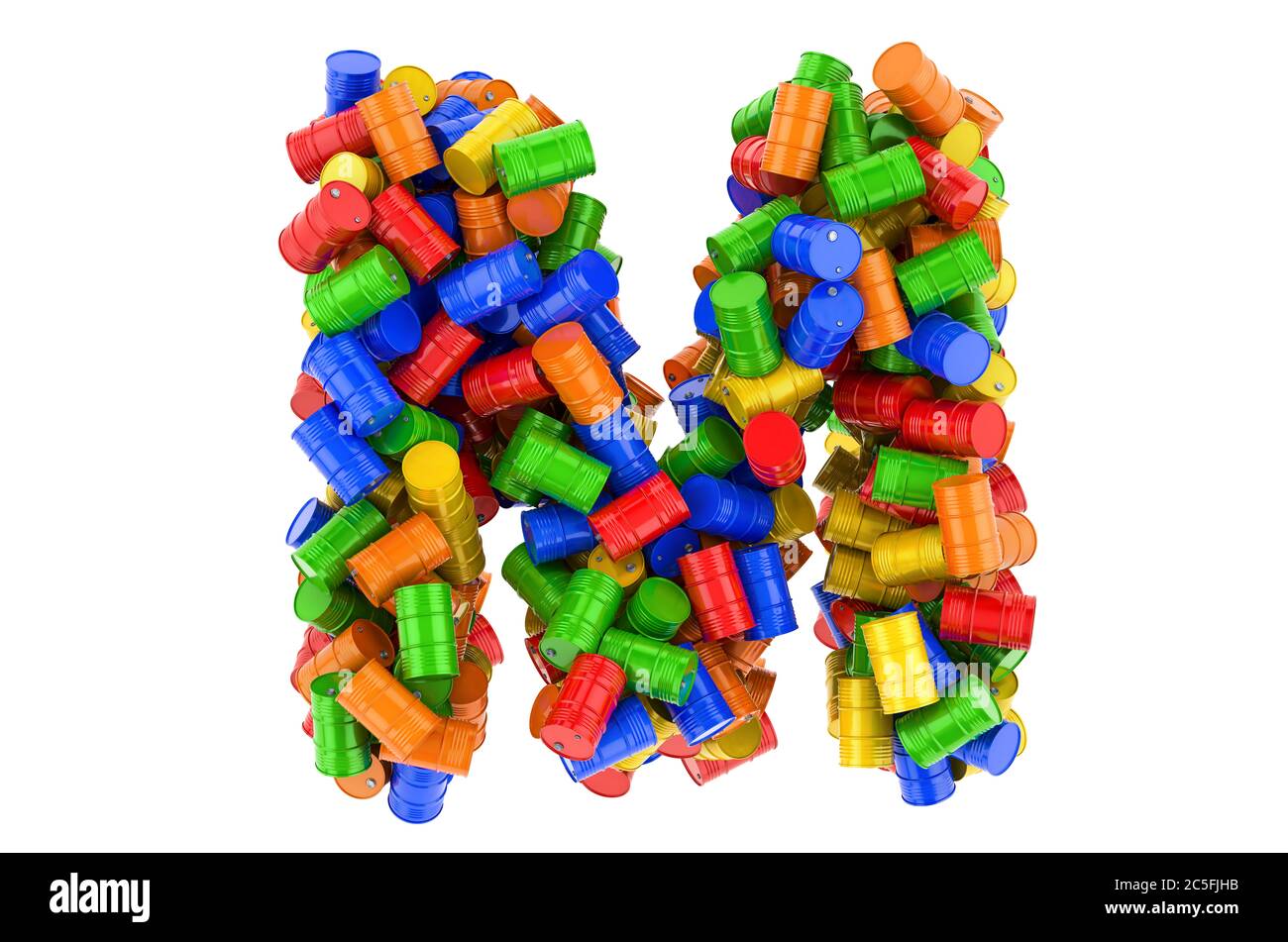 Letter M from colored steel barrels, 3D rendering isolated on white ...